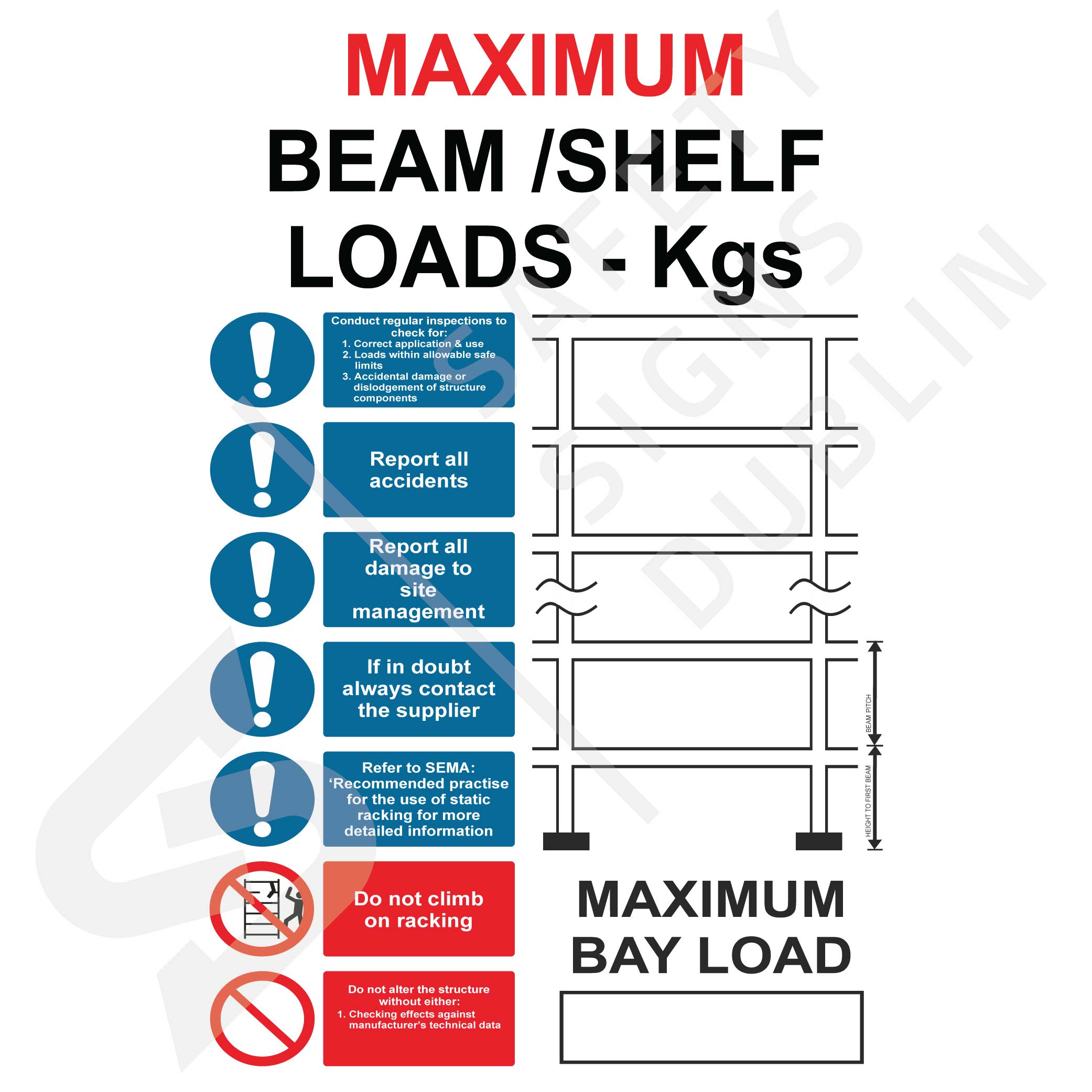 Maximum beam shelf loads C2000 - Safety Signs Dublin